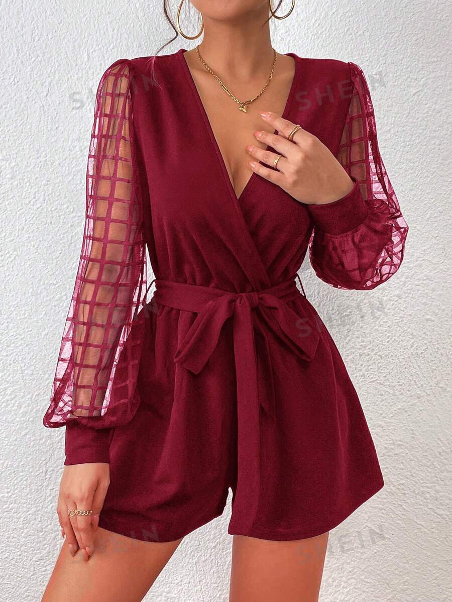Shein Privé Contrast Mesh Lantern Sleeve Overlap Collar Belted Romper