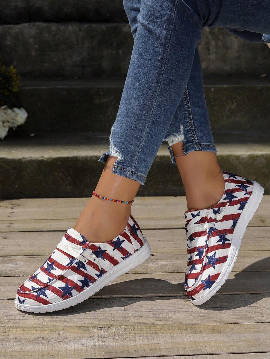 Women Striped & Star Pattern Lace-up Front Shoes, Sporty Outdoor Canvas ...