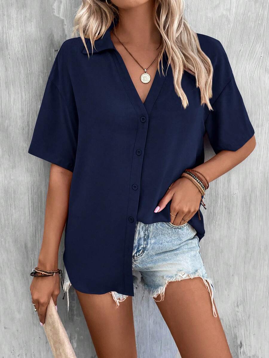 SHEIN LUNE Solid Drop Shoulder Button Front Shirt | SHEIN USA