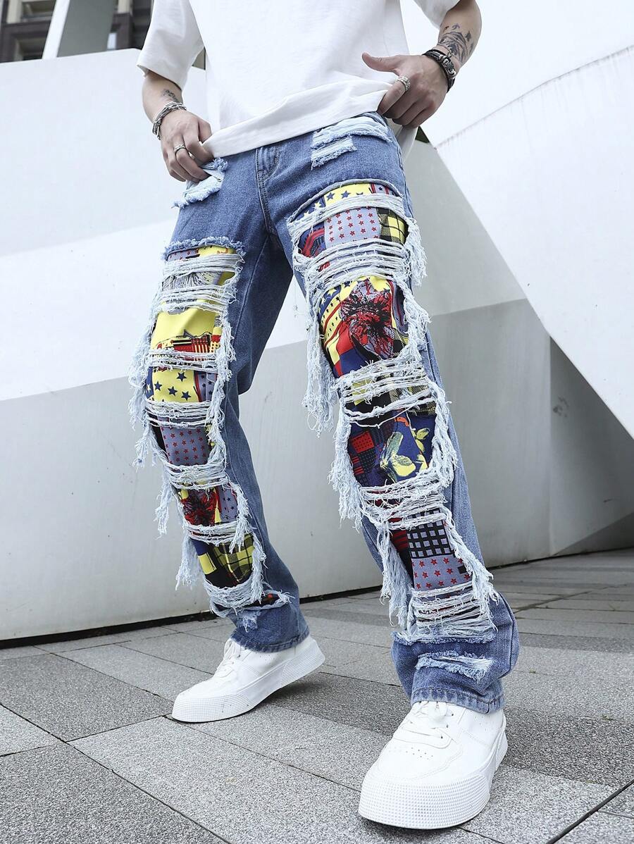 Manfinity Roghcode Men Cotton Geo Print Ripped Straight Leg Jeans Baggy ...