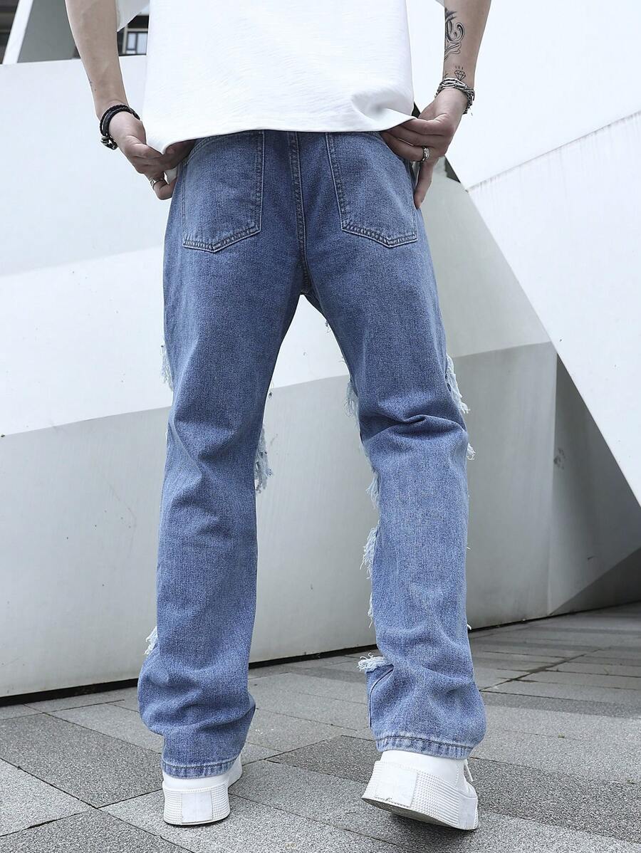 Manfinity Men Cotton Geo Print Ripped Straight Leg Jeans Baggy Long ...