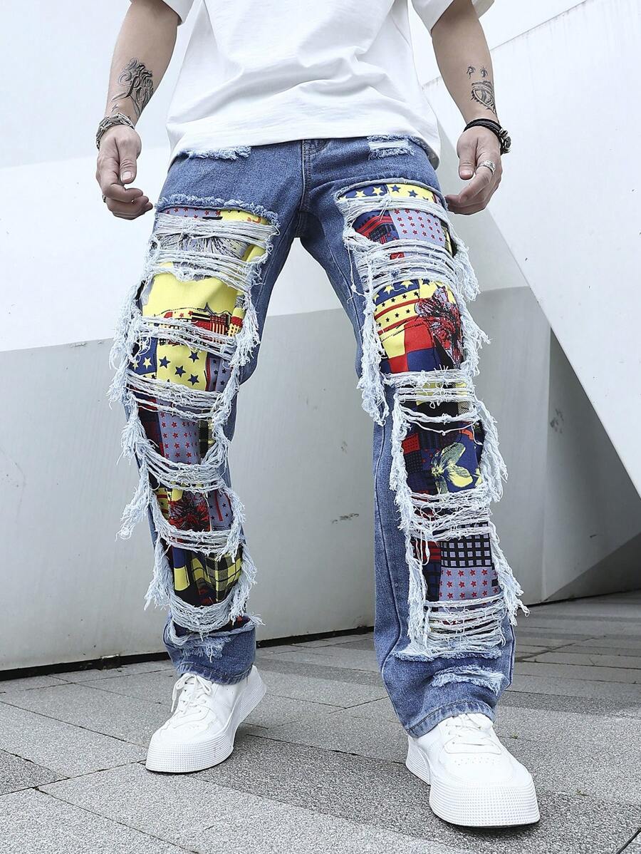 Manfinity Men Cotton Geo Print Ripped Straight Leg Jeans Baggy Long ...
