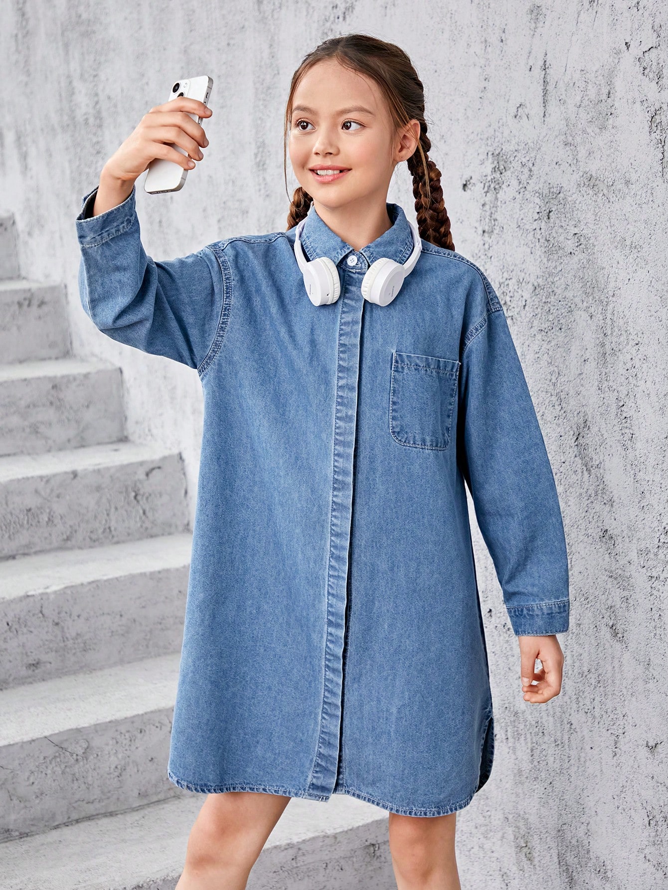 Girls Pocket Patched Drop Shoulder Denim Shirt Dress | SHEIN USA
