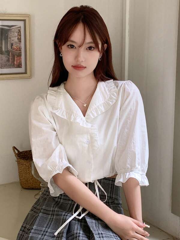 Dazy Frill Trim Drawstring Hem Flare Sleeve Button Front Shirt Shein Usa