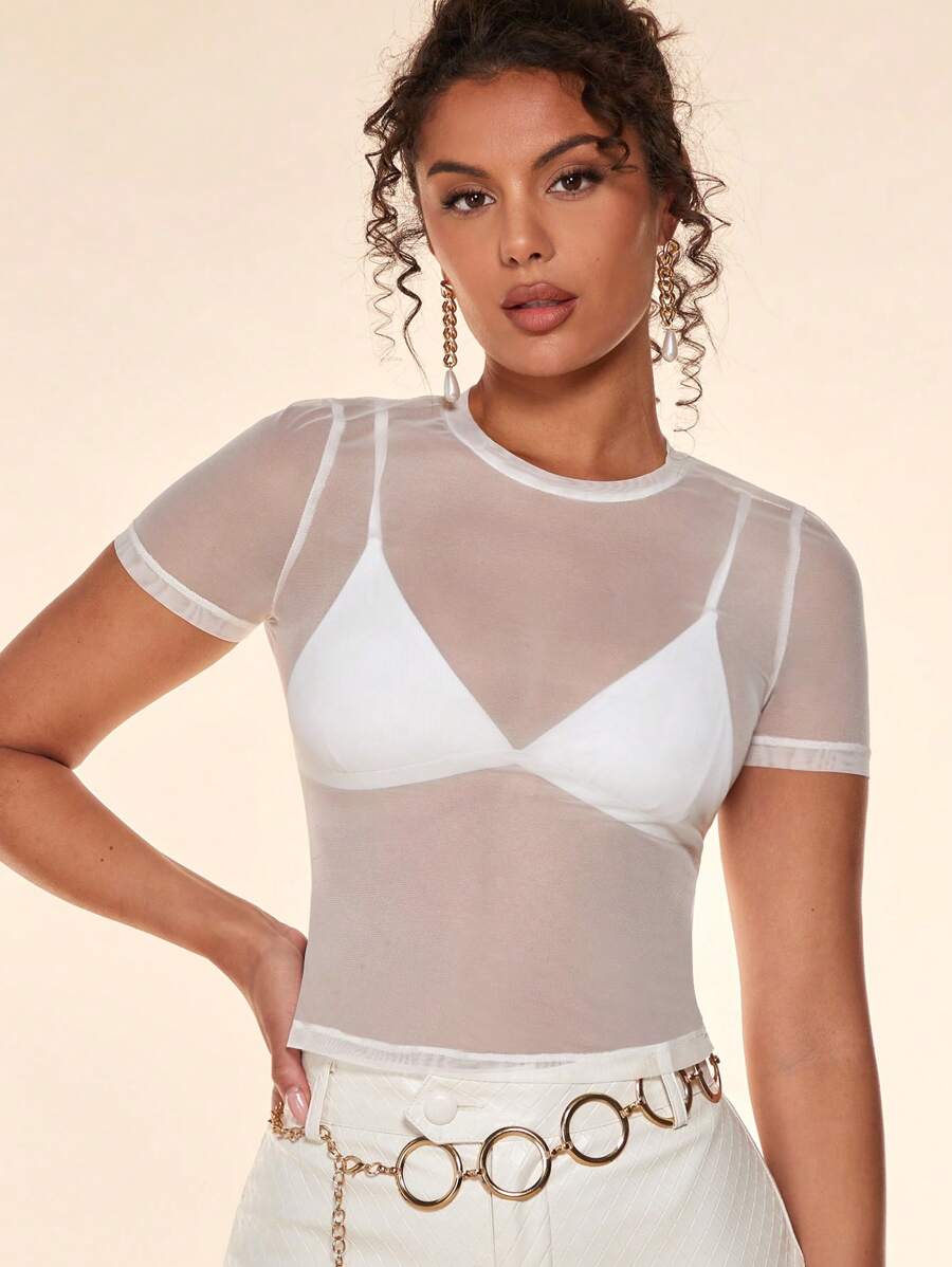 SHEIN BAE Solid Sheer Mesh Top Without Bra | SHEIN USA