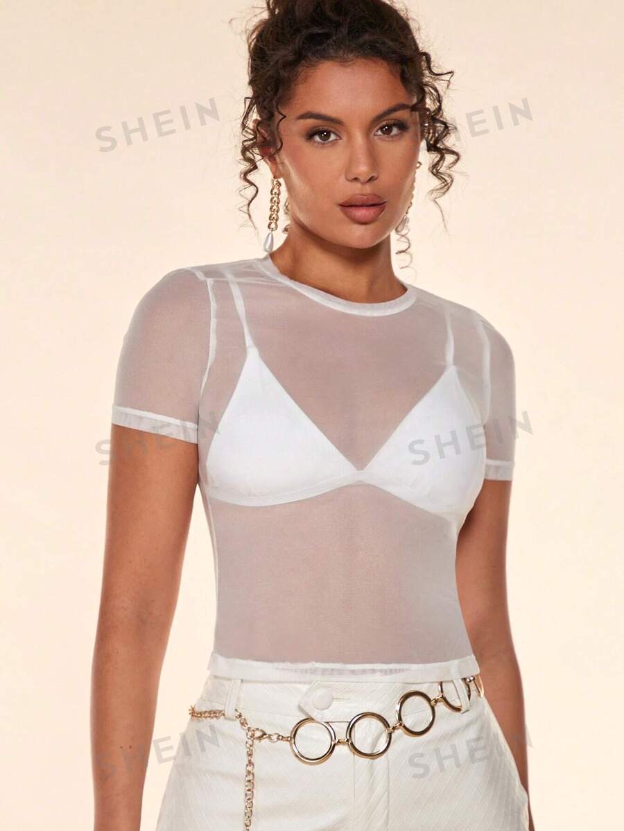 Shein Bae Solid Sheer Mesh Top Without Bra Shein