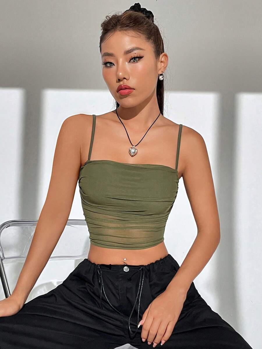 Shein Ezwear Armygreen Summer Tops Solid Ruched Mesh Cami Top Shein Uk