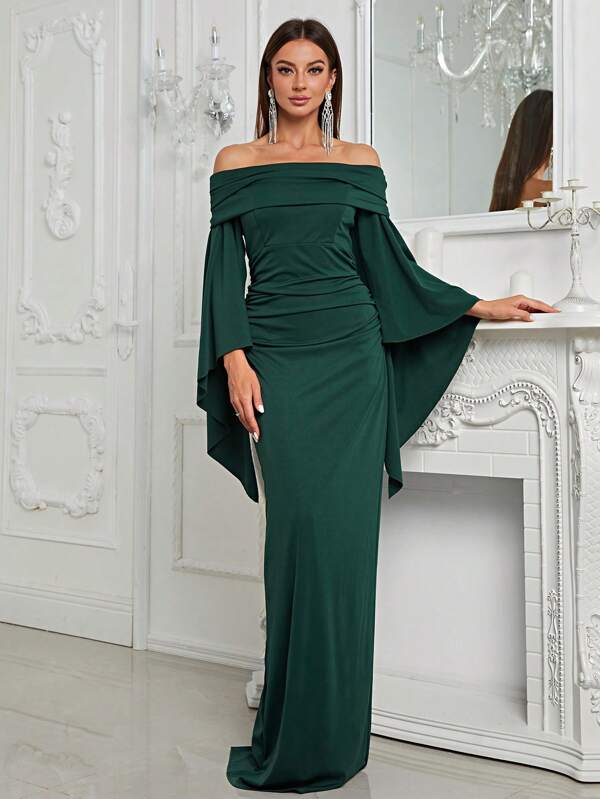 Fniseti Off Shoulder Flounce Sleeve Ruched Dress Shein Uk