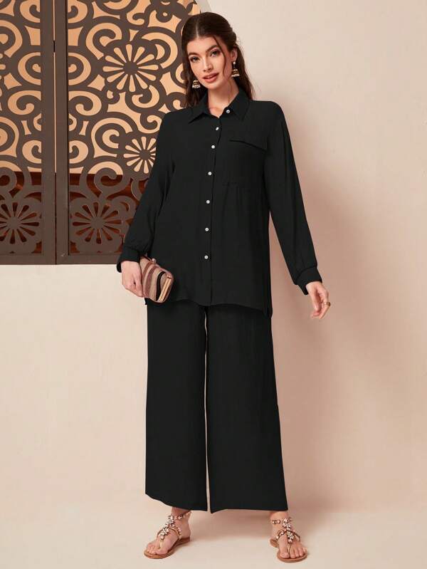 Shein Mulvari أطقم قطعتين نسائية الجيب بازرارأمامية الصاف كاجوال شي إن