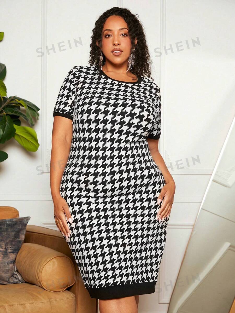 SHEIN CURVE+ Plus Houndstooth Print Contrast Trim Dress | SHEIN USA