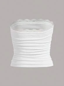 Sweetina Contrast Lace Trim Ruched Side Bow Front Tube Top,Ladies ...