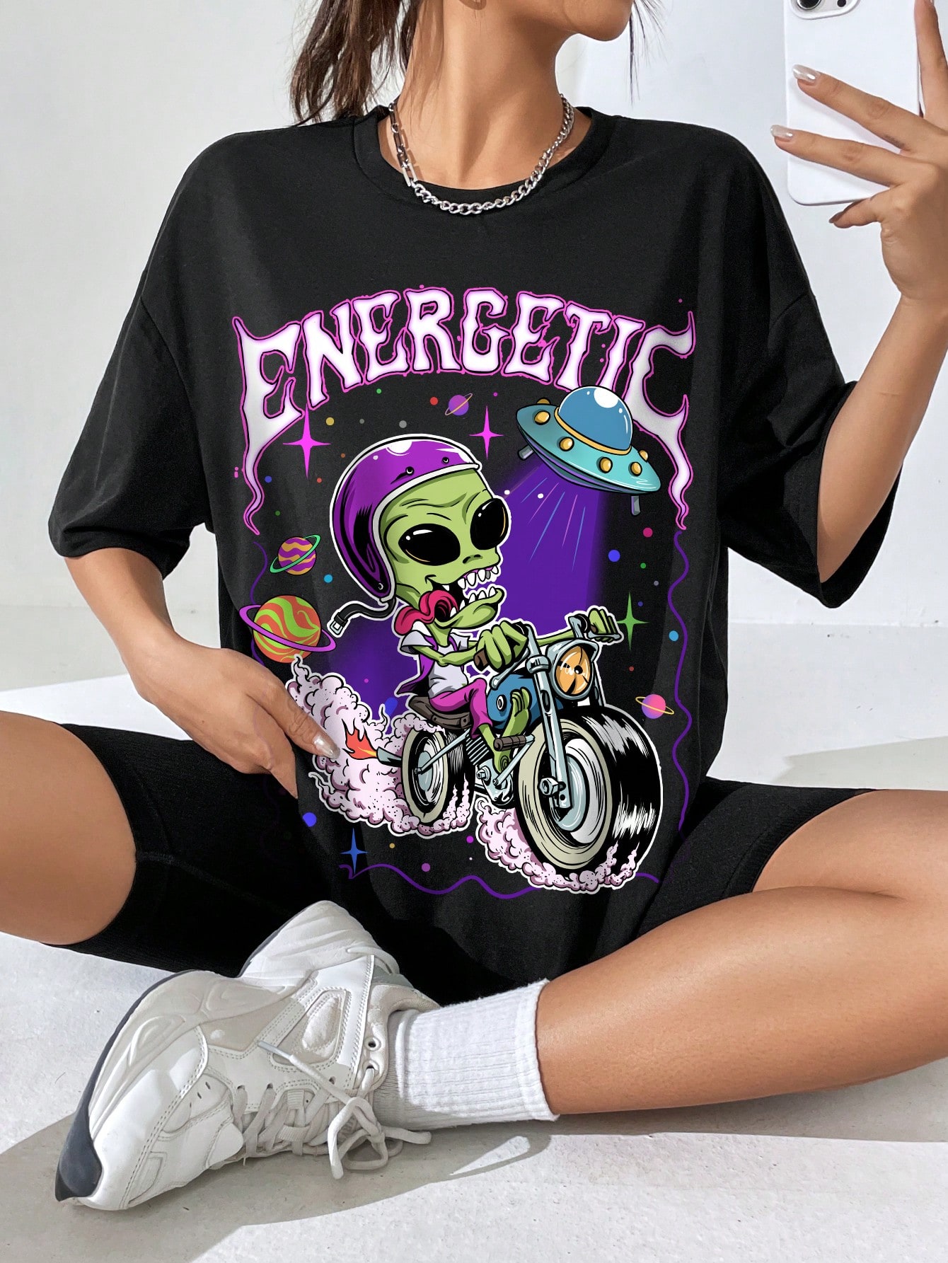 Shein Coolane Camiseta Amplia Con Extraterrestre And Con Estampado De