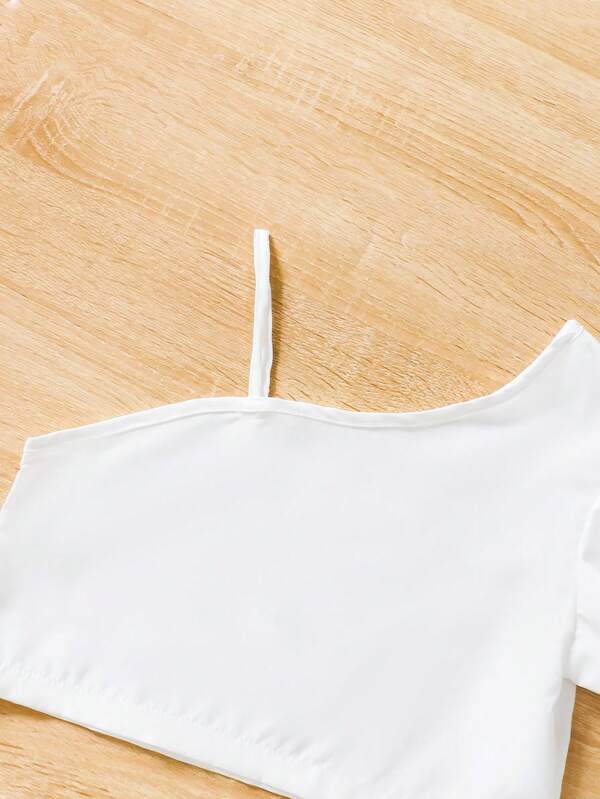 Shein Girls Asymmetrical Neck Ruffle Trim Top And Paperbag Waist Belted