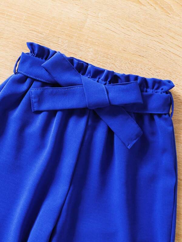 Shein Girls Asymmetrical Neck Ruffle Trim Top And Paperbag Waist Belted