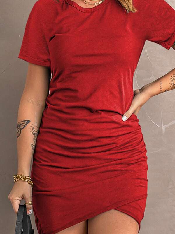 SHEIN LUNE Solid Ruched Tulip Hem Bodycon Dress | SHEIN USA