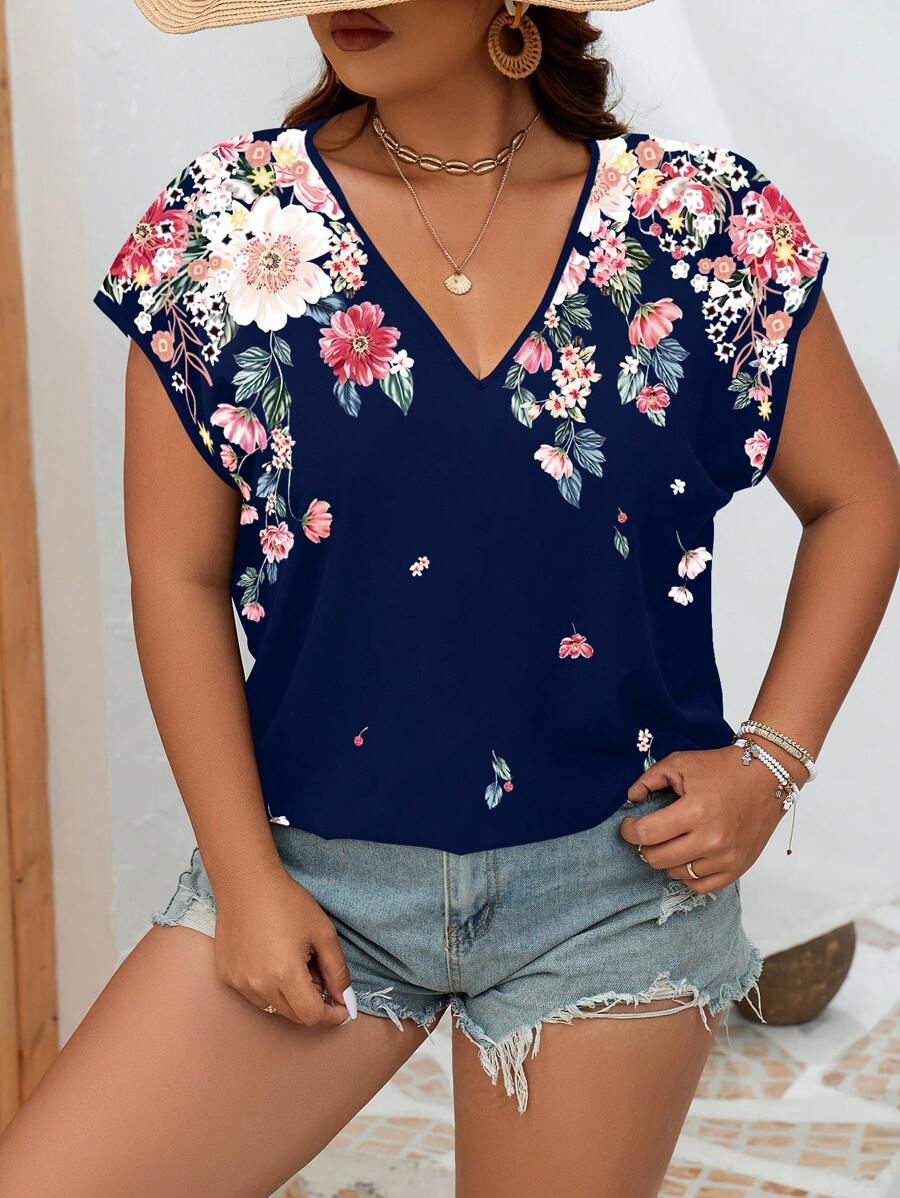 SHEIN LUNE Plus Floral Print Batwing Sleeve Blouse | SHEIN USA