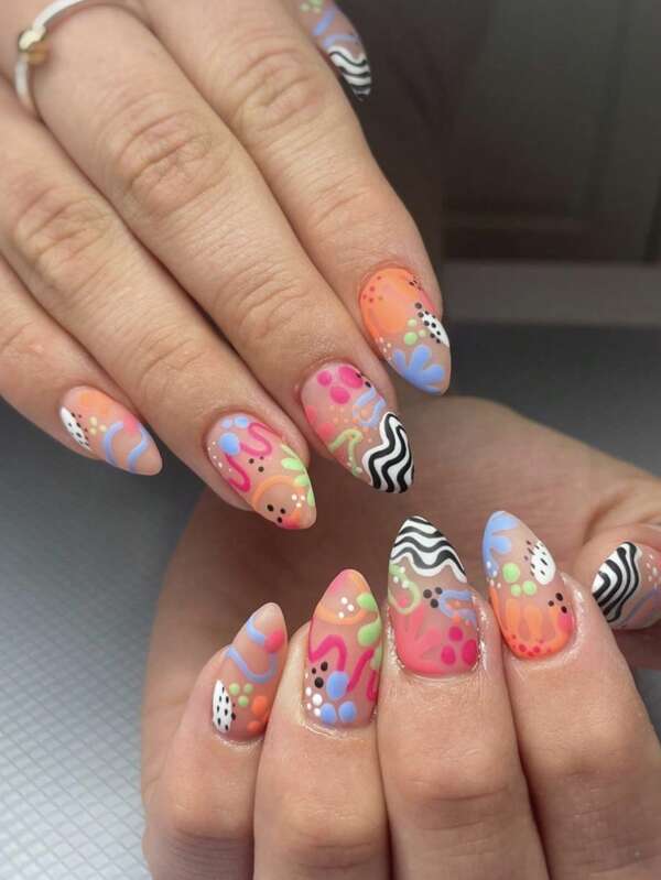 Get Glamorous With 24pcs Colorful Doodle Short Almond Striped Full ...