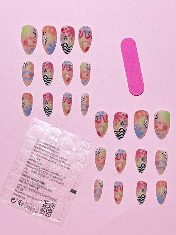 Get Glamorous With 24pcs Colorful Doodle Short Almond Striped Full ...