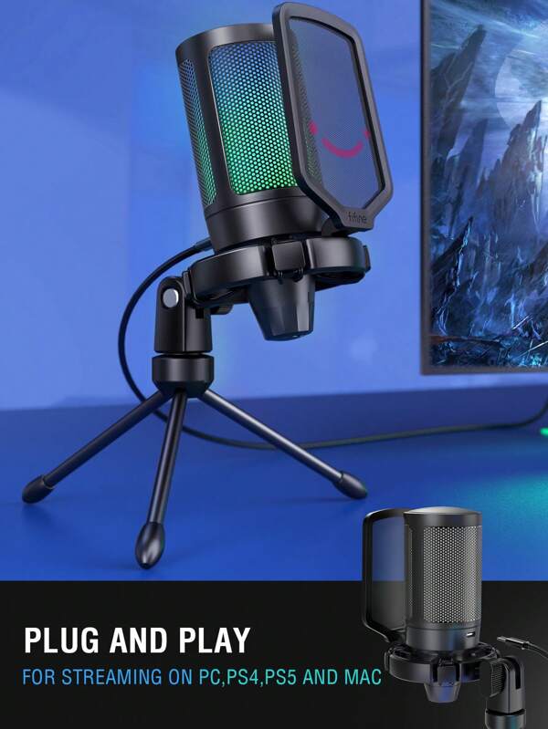 Gaming USB Microphone, Condenser Mic With Quick Mute, RGB Indicator, Tripod Stand, Pop Filter ...