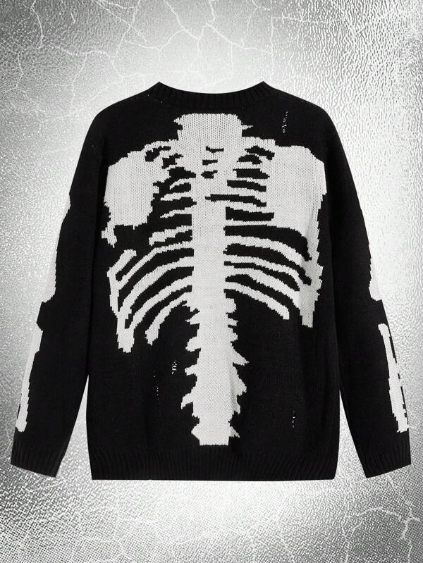 Goth Guys Skeleton Pattern Distressed Sweater | SHEIN USA