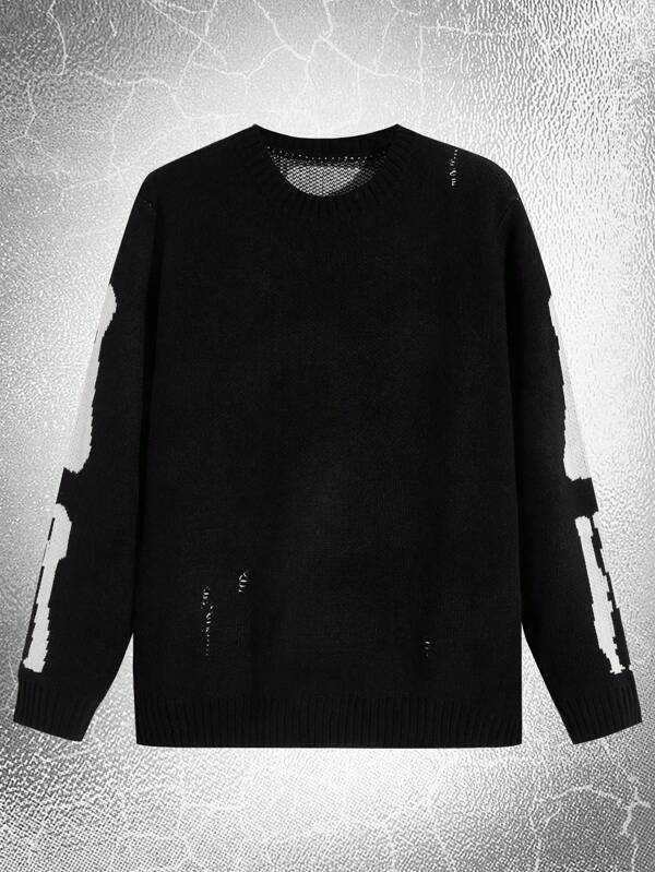 Goth Guys Skeleton Pattern Distressed Sweater | SHEIN USA
