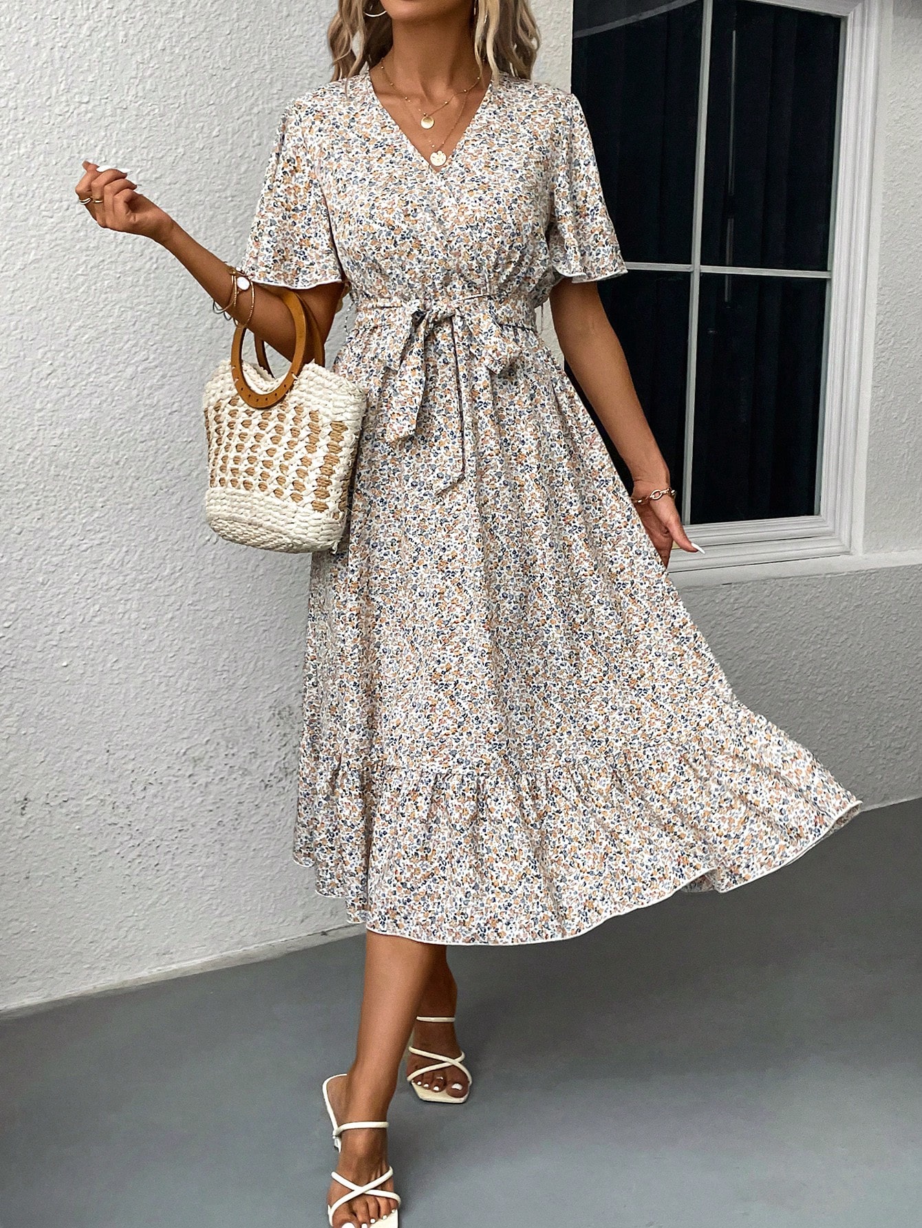 Shein Lune Ditsy Floral Print Butterfly Sleeve Ruffle Hem Belted Dress