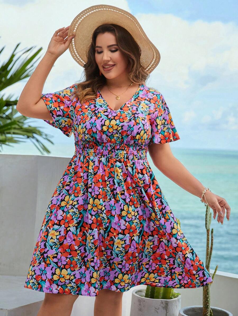 SHEIN VCAY Plus Allover Floral Print Butterfly Sleeve Dress | SHEIN USA