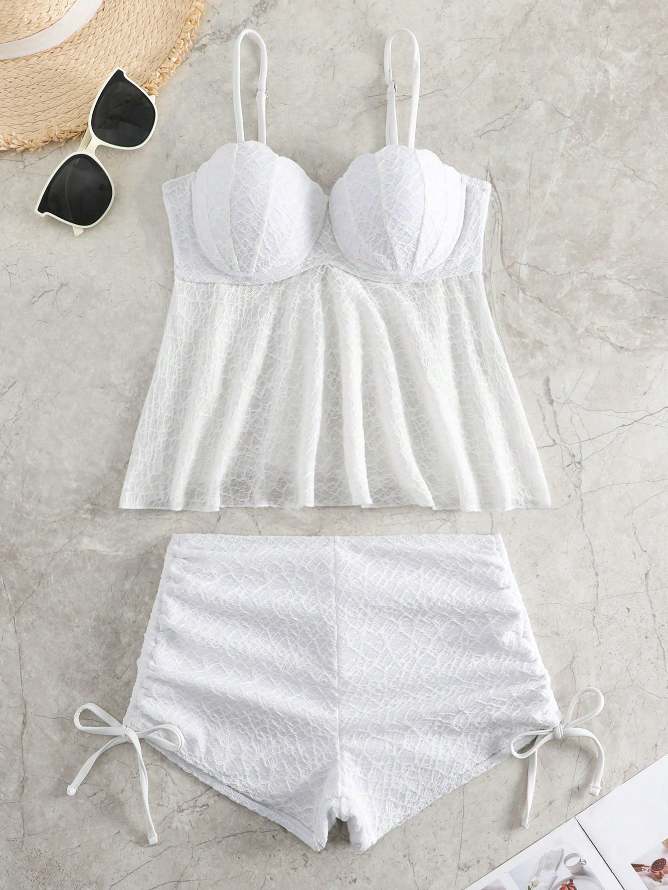 Shein Swim Vcay Schiffy Scallop Trim Drawstring Side Push Up Shorts