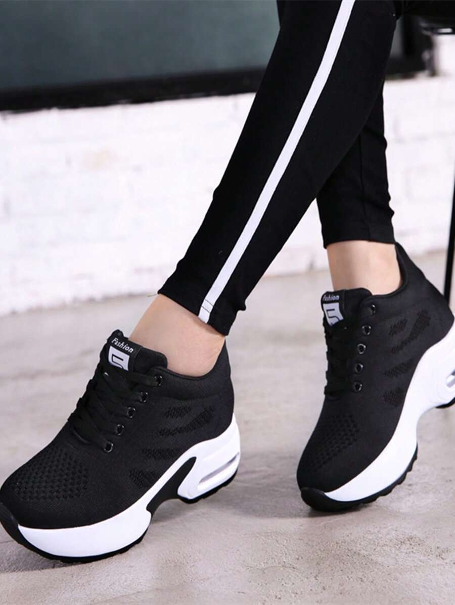 Women Letter Patch Decor Lace-up Front Wedge Sneakers, Sporty Sneakers ...