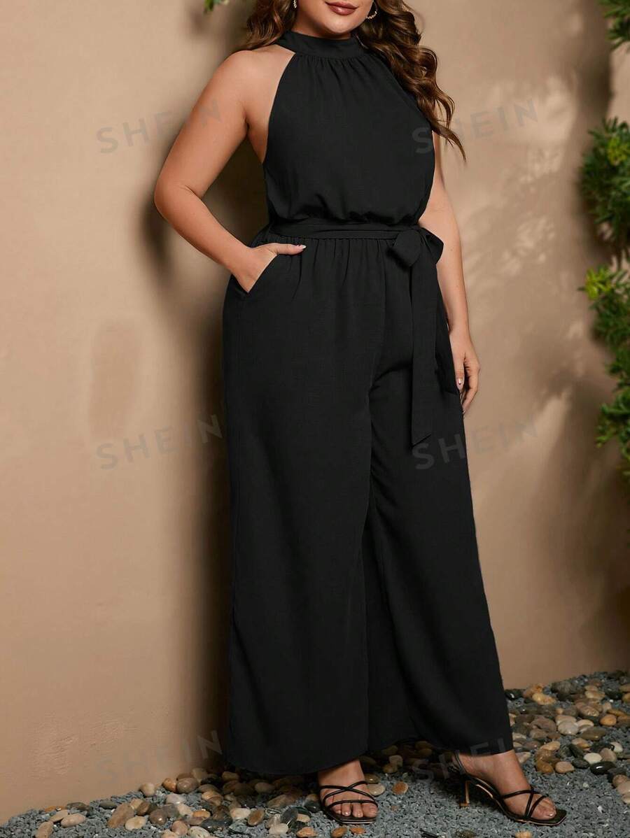 Shein Clasi Plus Solid Belted Wide Leg Halter Jumpsuit Shein Usa