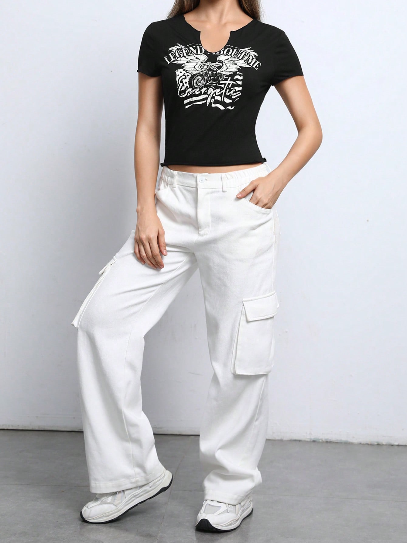 Shein Ezwear Wing And Letter Graphic Notched Neckline Tee Shein Usa