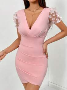 SHEIN Privé Contrast Mesh Appliques Tulip Hem Bodycon Dress | SHEIN USA