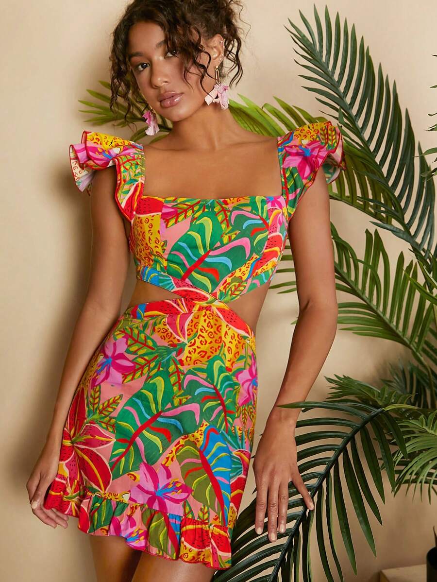 SHEIN X JIMENA & MATEO Travachic Tropical Print Cut Out Waist Ruffle ...