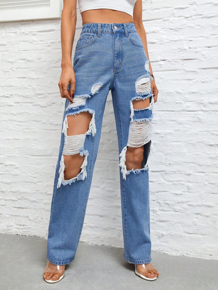 SHEIN Essnce Ripped Straight Leg Jeans | SHEIN