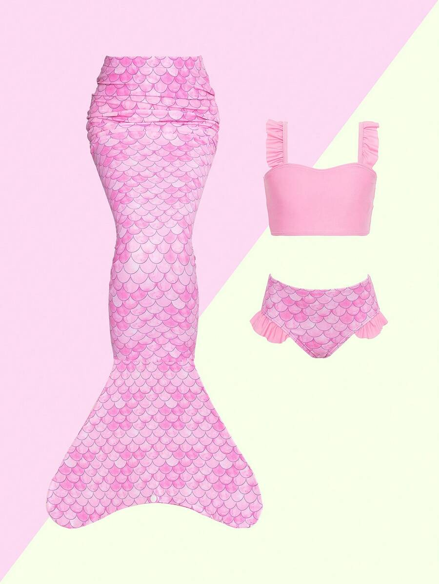 Young Girl Fish Scales Frill Trim Mermaid Tail Set | SHEIN USA