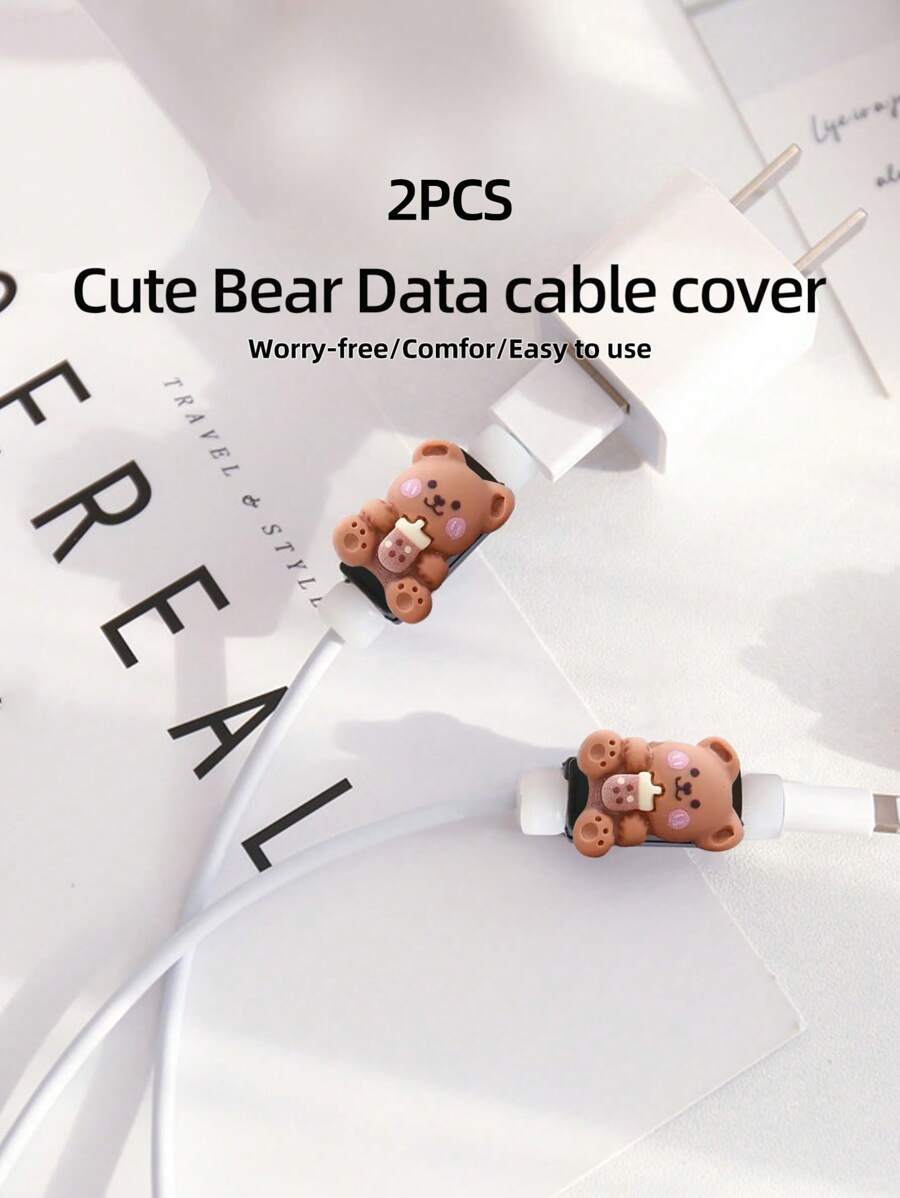 2pcs Cute Milk Tea Bear Shaped Data Cable Protector For Phone, Tablet ...
