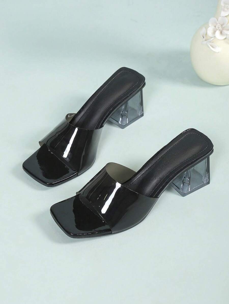 Women Minimalist Clear Chunky Heeled Mule Sandals, Fashion Black PVC ...