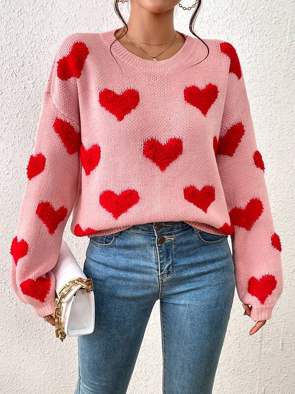 Heart Pattern Drop Shoulder Sweater Shein Usa
