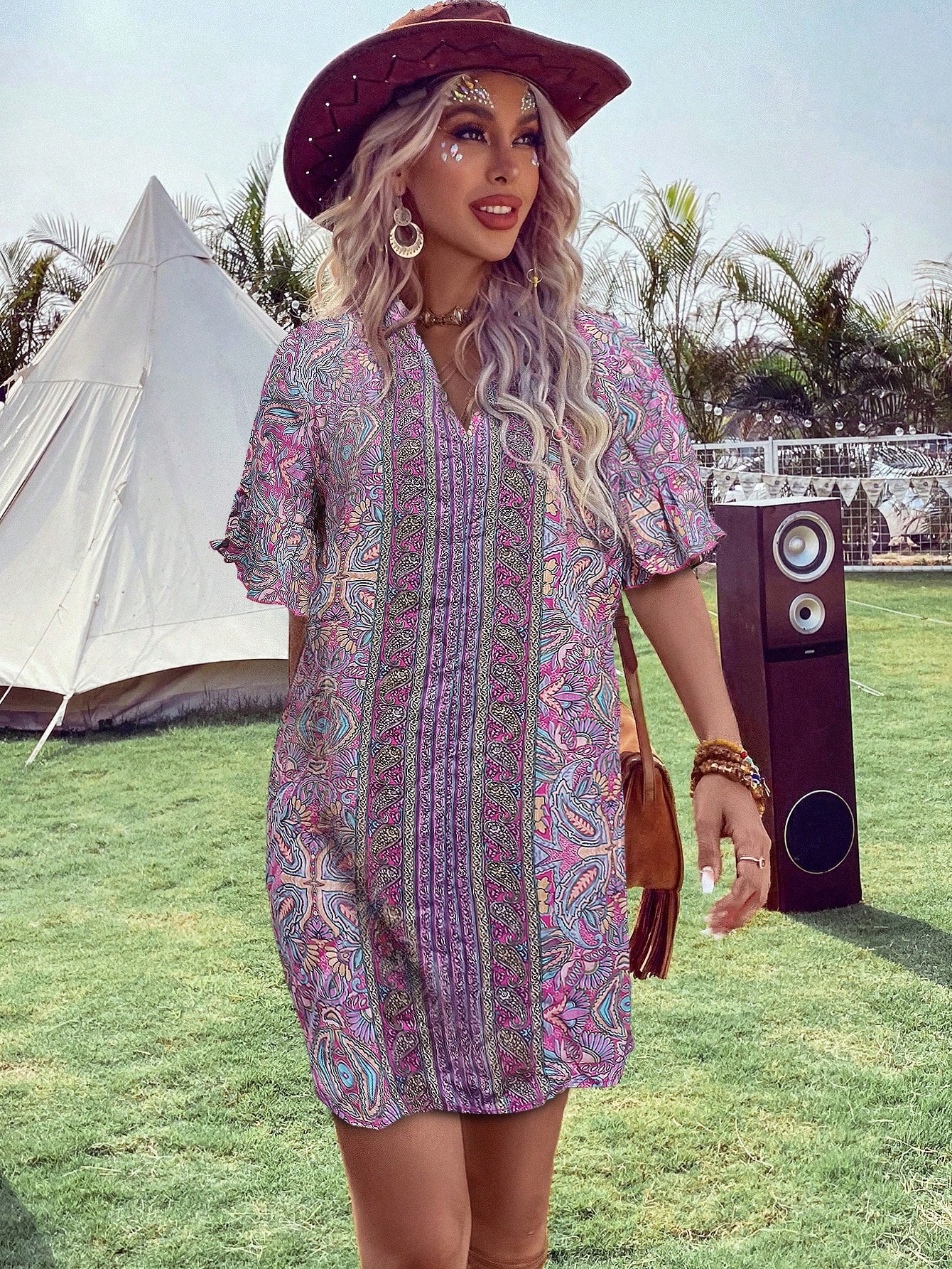 Shein Lune Allover Print Notched Neckline Dress Shein Usa