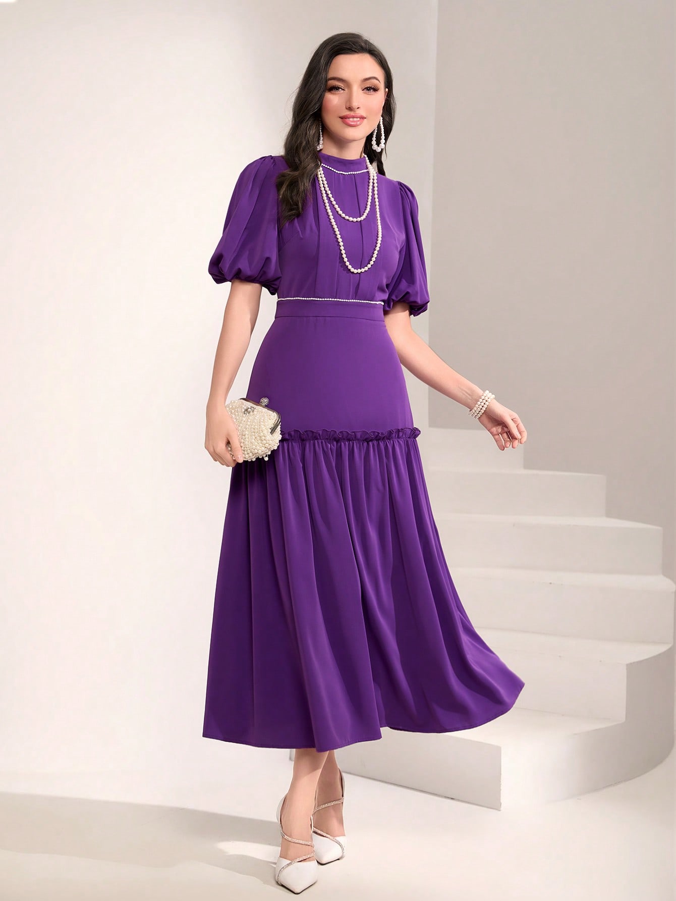 Shein Modely Mock Neck Puff Sleeve Frill Trim Dress Shein Usa