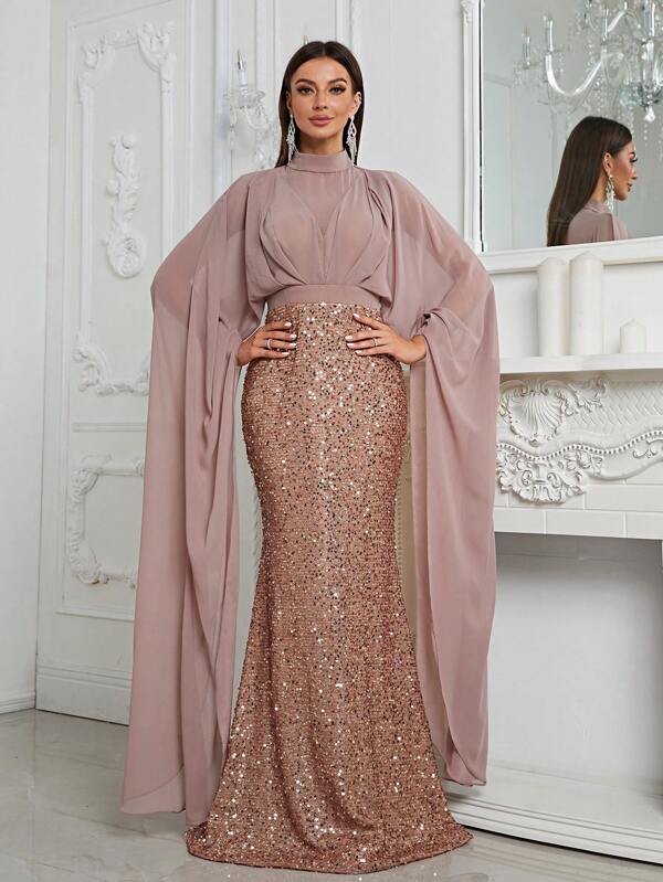 Fniseti Contrast Sequin Mock Neck Floor Length Formal Dress Shein Usa
