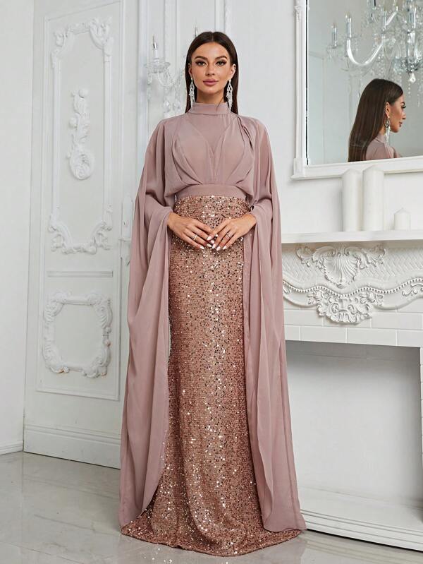 Giffniseti Contrast Sequin Mock Neck Floor Length Formal Dress | SHEIN USA
