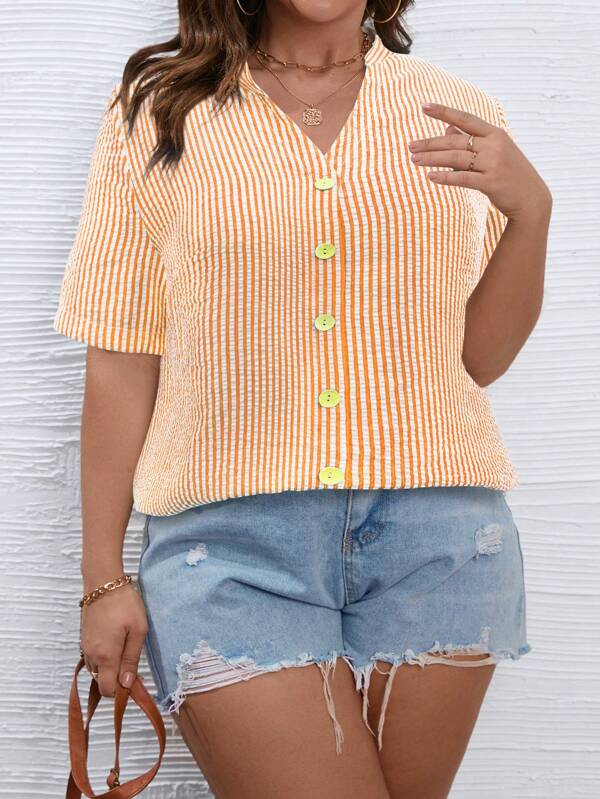 Shein Lune Plus Striped Print Button Front Blouse Shein