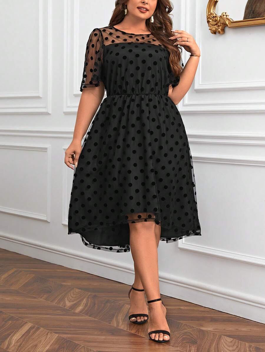 SHEIN Privé Plus Polka Dot Mesh Overlay Dress | SHEIN USA