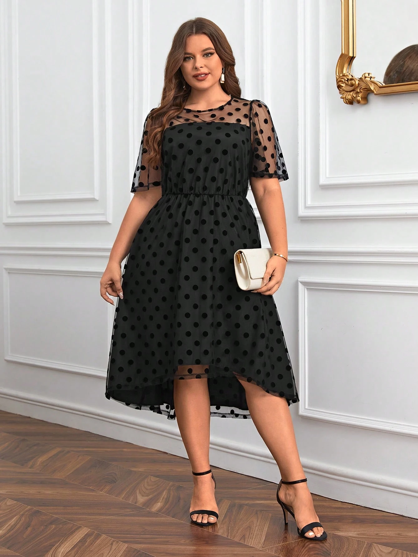 SHEIN Privé Plus Polka Dot Mesh Overlay Dress | SHEIN USA