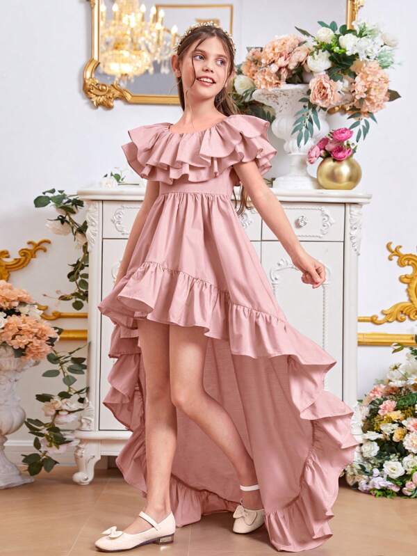 SHEIN Kids Nujoom Tween Girl Ruffle Trim High Low Hem Dress | SHEIN UK