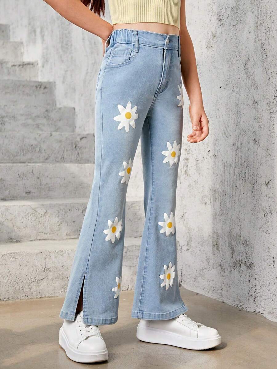 Tween Girl Vintage Boho Western Floral Prints Elastic Waist Flare Jeans ...