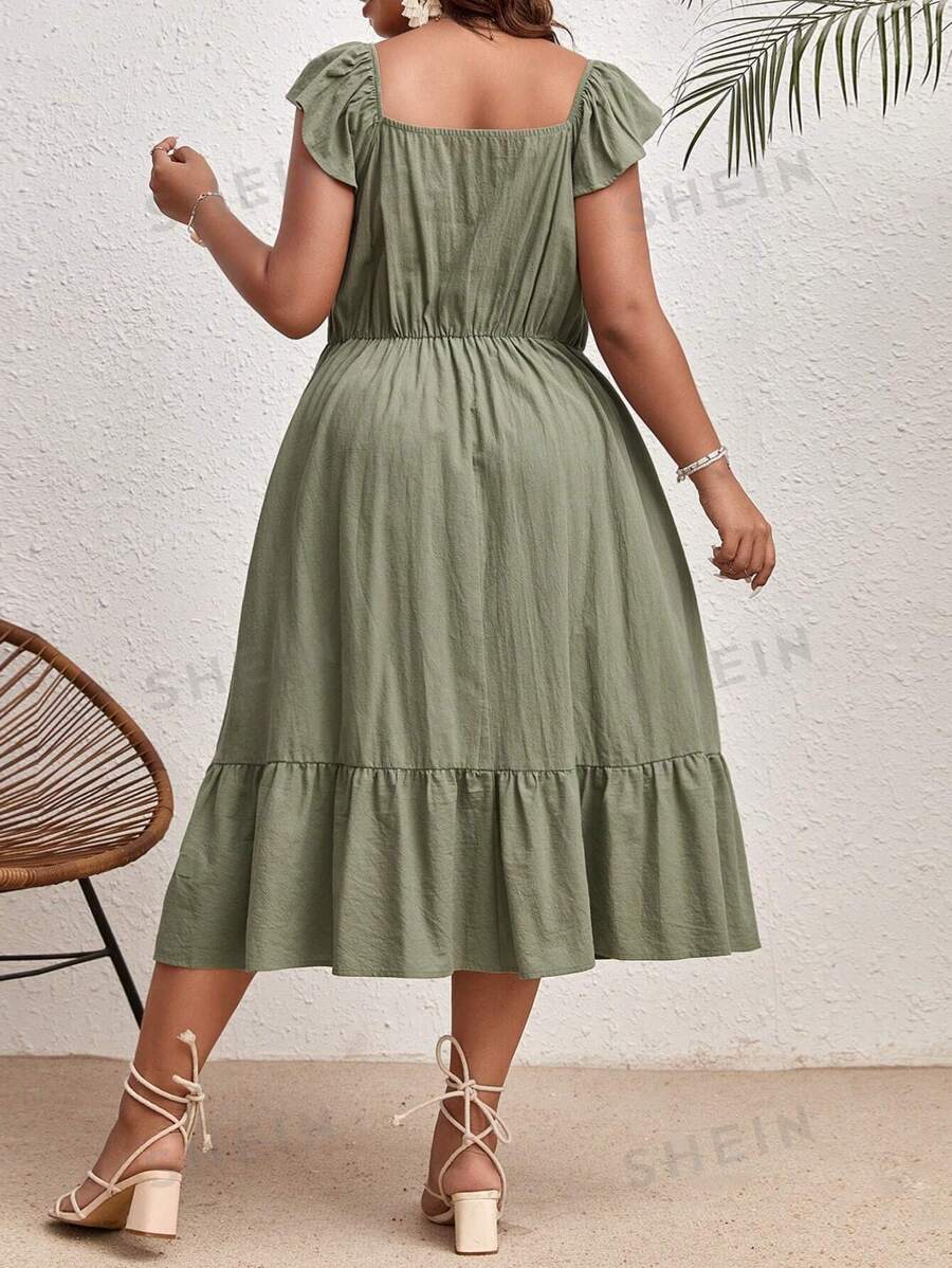 SHEIN VCAY Plus Ruffle Trim Tie Front Ruffle Hem Dress | SHEIN USA