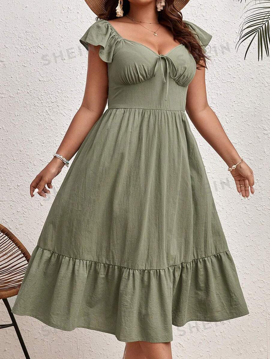SHEIN VCAY Plus Ruffle Trim Tie Front Ruffle Hem Dress | SHEIN USA