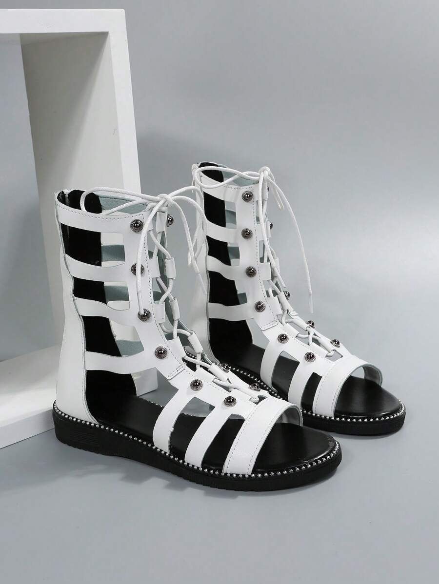 Fashionable Gladiator Sandals For Women, Studded Decor Lace-up Front Zipper Back Flat Sandals ...